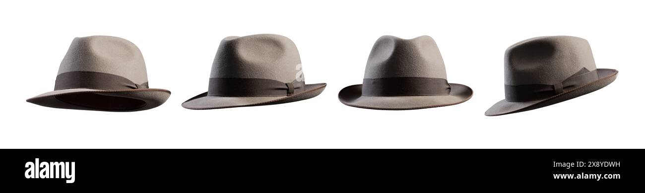 Collection of fedora hats from different points of view, isolated on ...