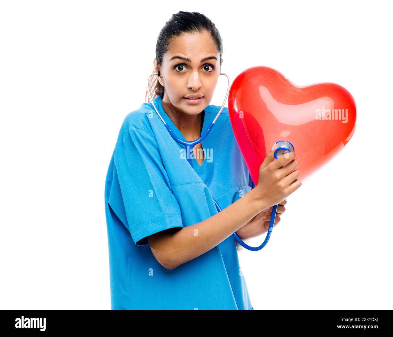 Woman, doctor and heart balloon with stethoscope for medical check ...