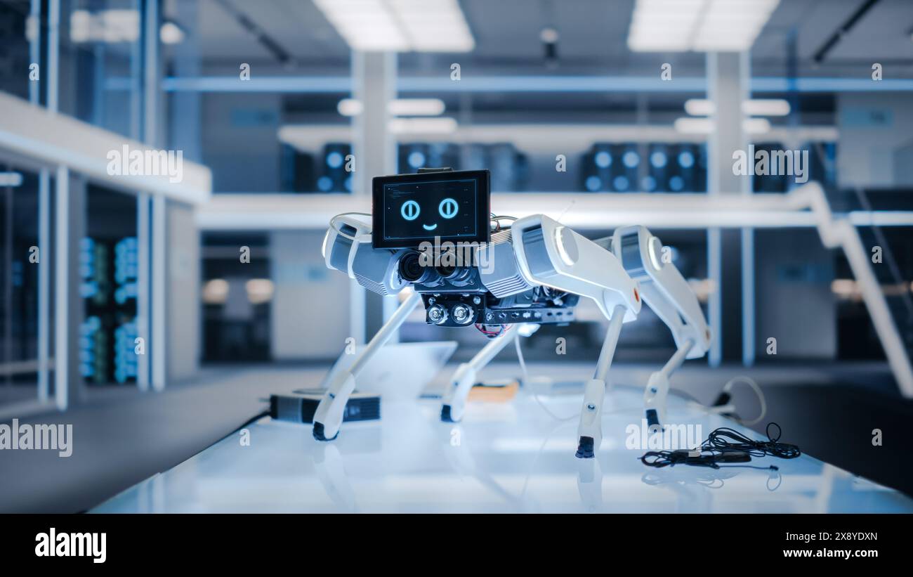 Robot Dog Prototype Standing in a High Tech Modern Industrial Facility ...