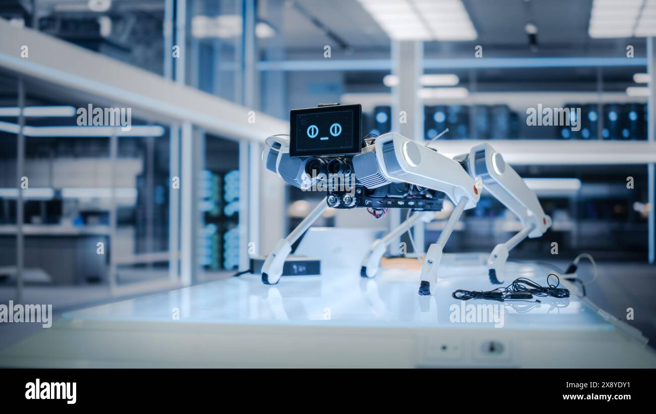 Robot Dog Prototype Standing in a High Tech Modern Industrial Facility ...