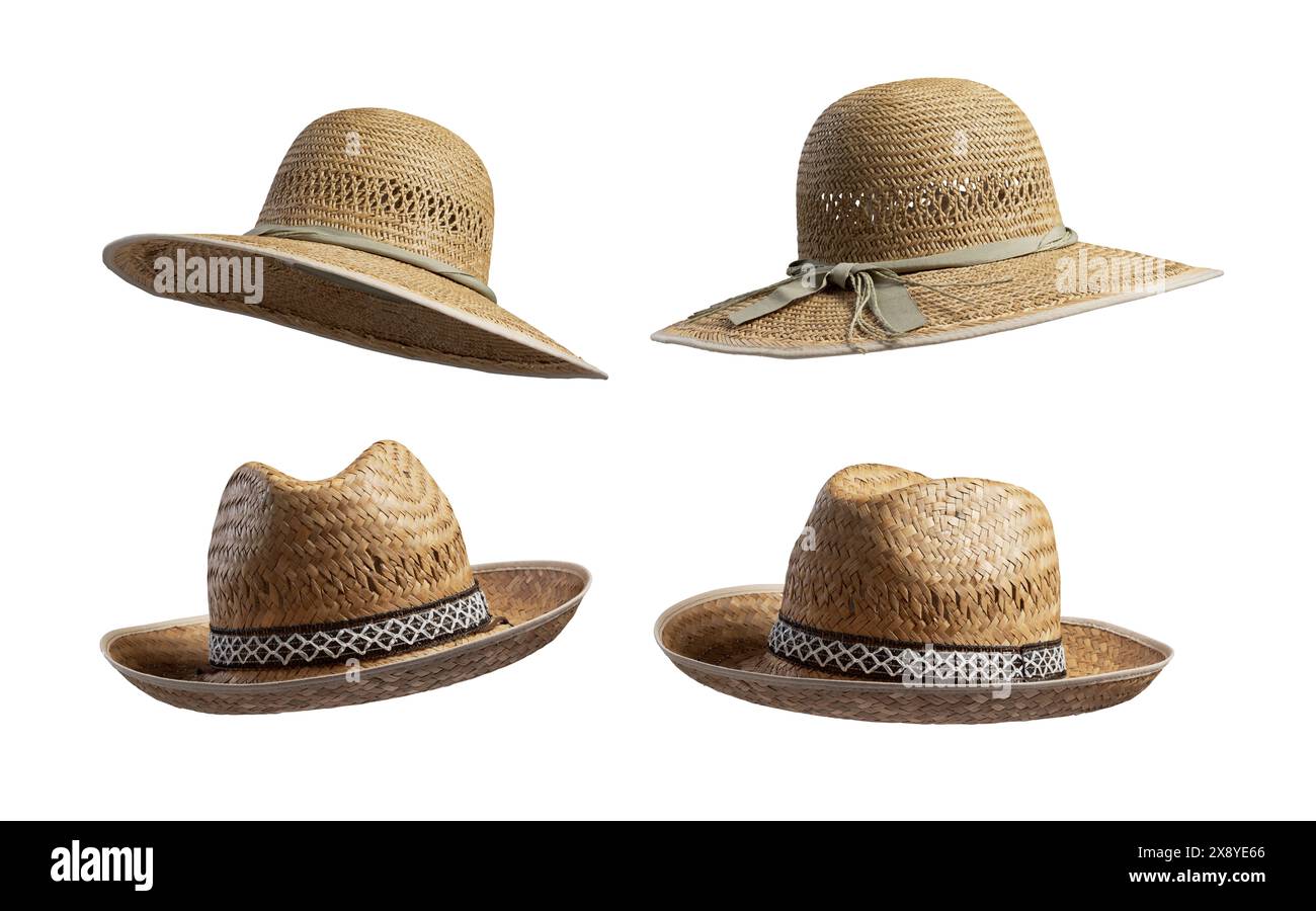 Set of straw hats from different points of view, isolated on white ...