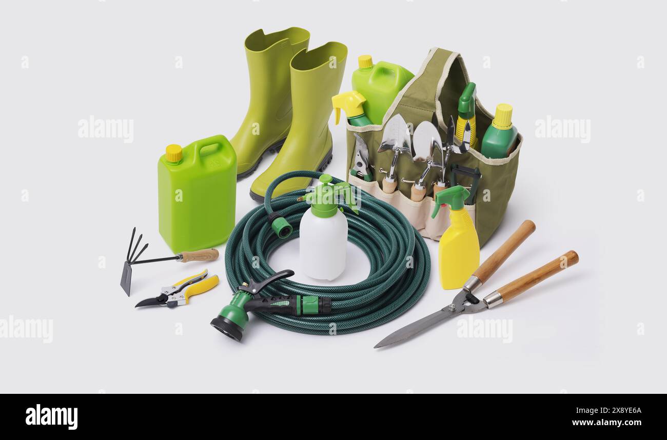 Gardening tools and products on white background, horticulture and ...