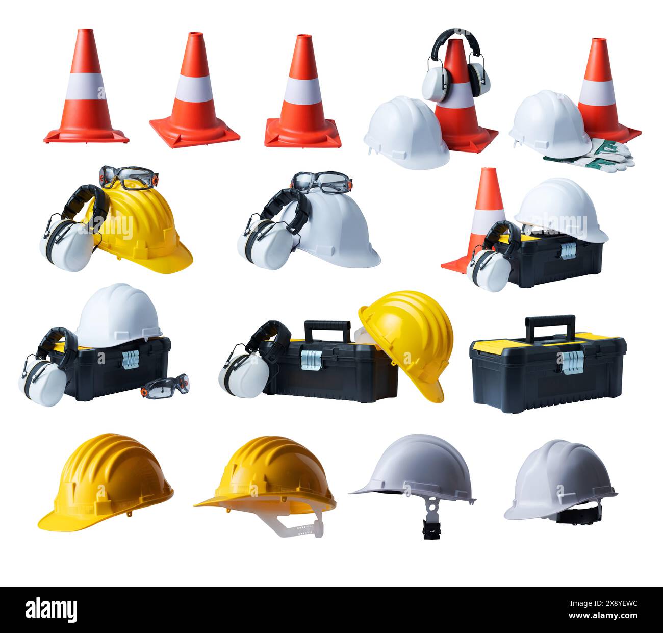 Personal protective equipment and work tools isolated on white ...