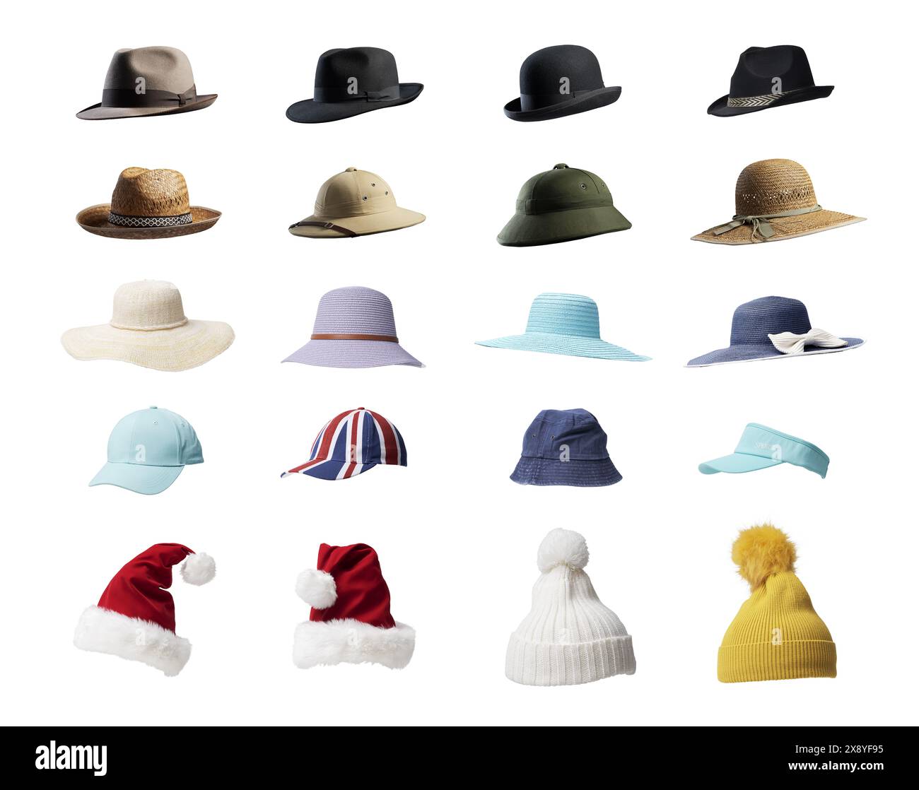 Collection of assorted hats and caps, isolated on white background ...
