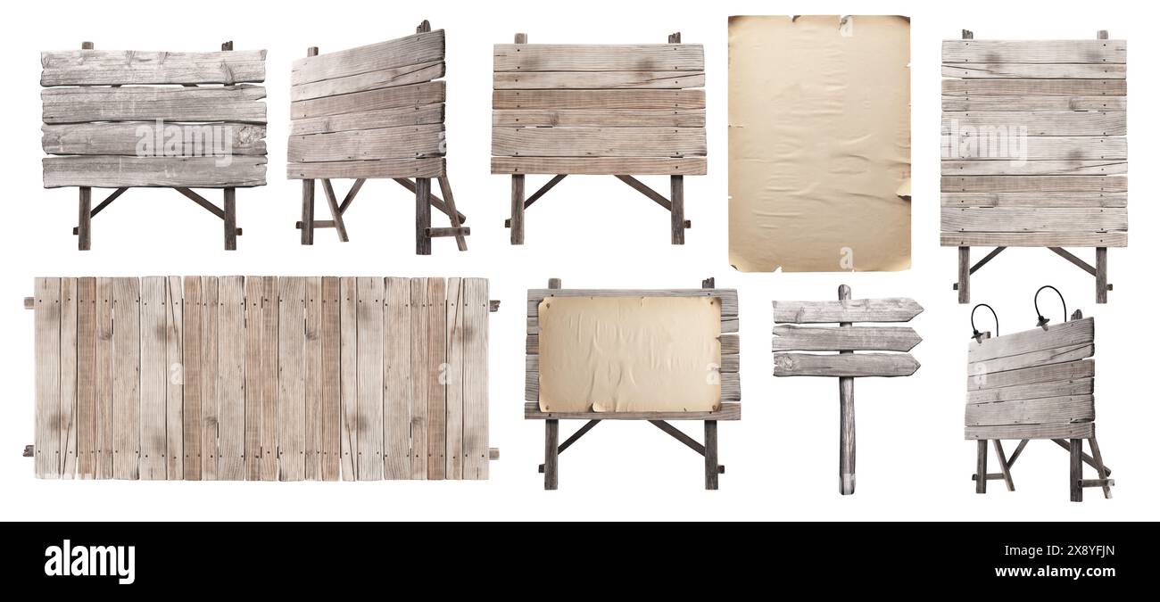 Collection of old wooden signs and posters, isolated on white ...