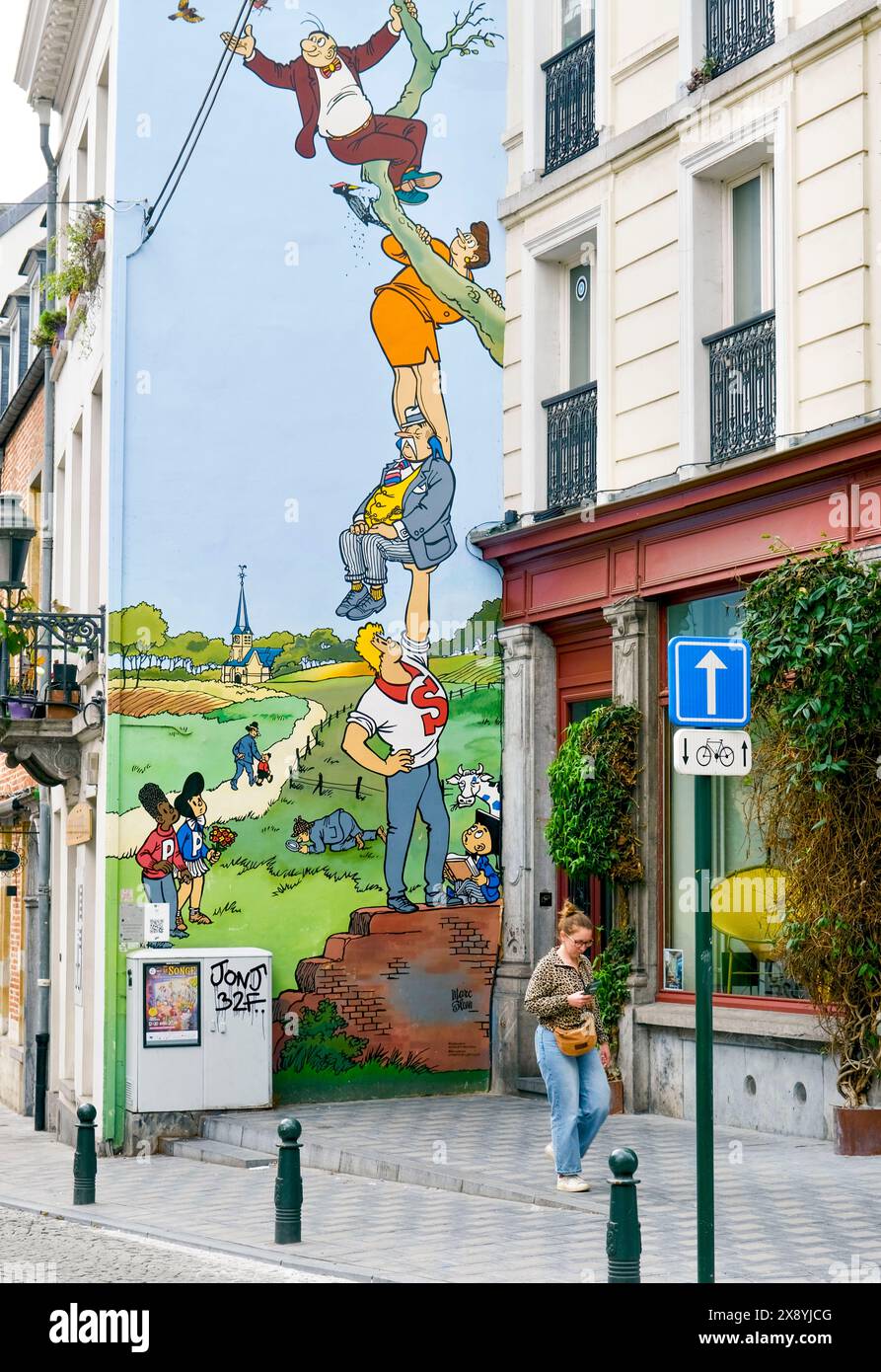 Belgium, Brussels, Place Saint Gery, mural of the comic strip Neron by Marc Sleen Stock Photo ...