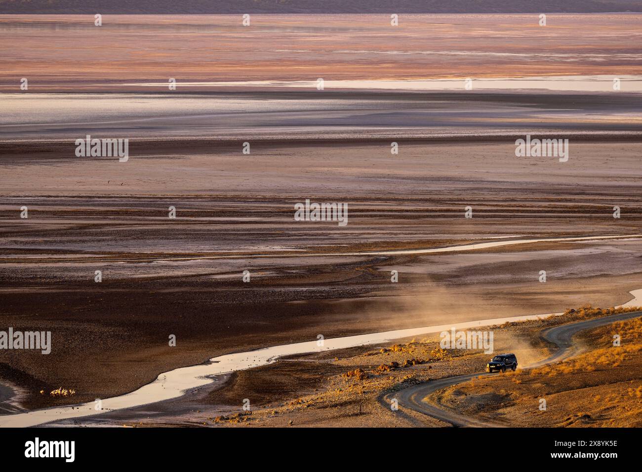 Kenya, lake Magadi, Rift valley, track and vehicle, aerial view Stock ...