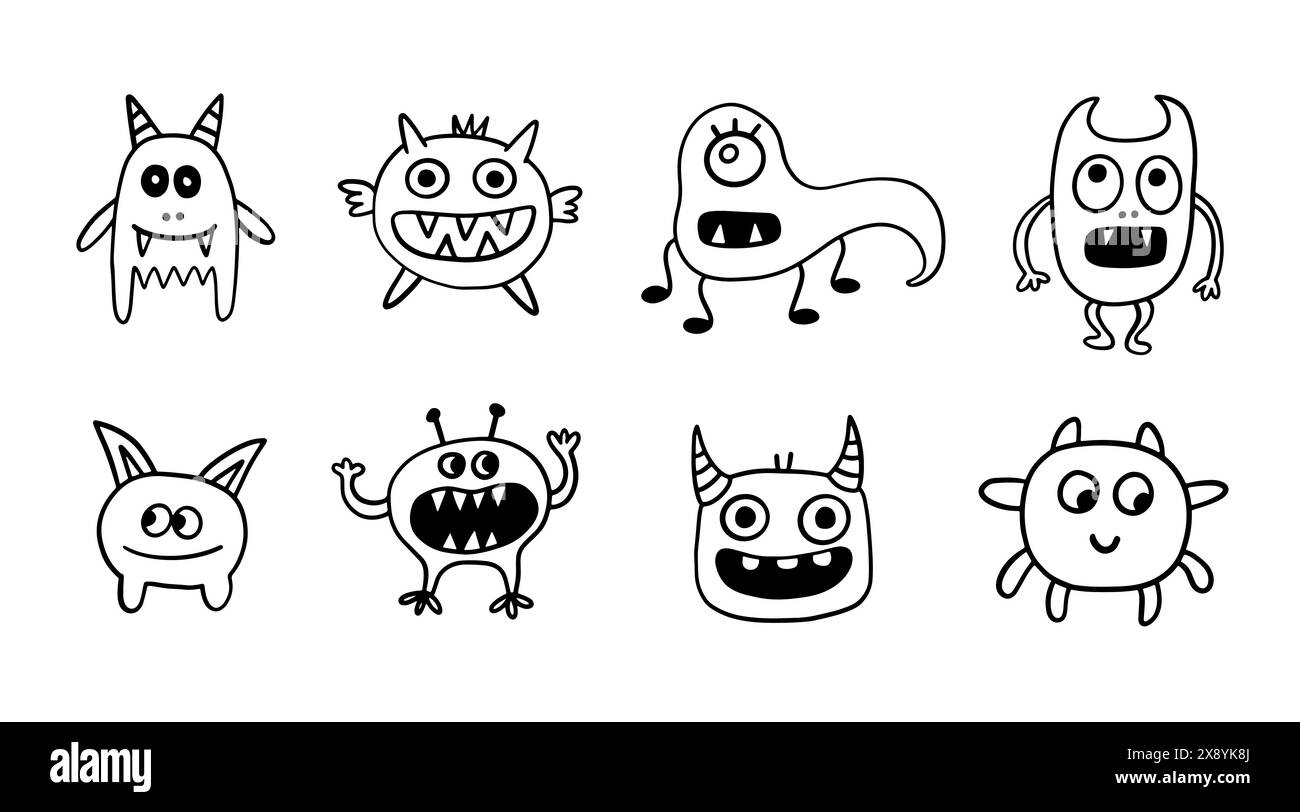 Halloween Spooky Funny Monster Creature Doodle Set Stock Vector Image ...