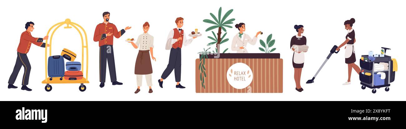 Professional hotel staff in uniforms. Hospitality service. Guesthouse ...