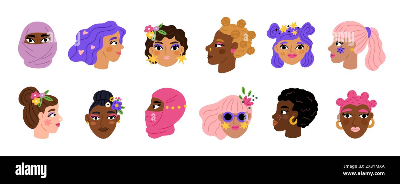 Full face and profile women portraits. Abstract female characters ...