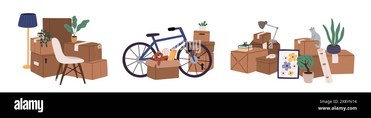 Cardboard boxes with interior things. Packed home elements. New ...