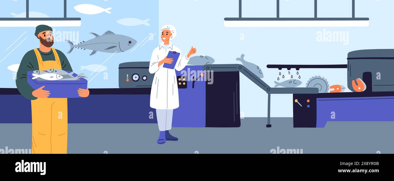 Cartoon fish farm. Breeding of tuna or salmon in artificial environment ...