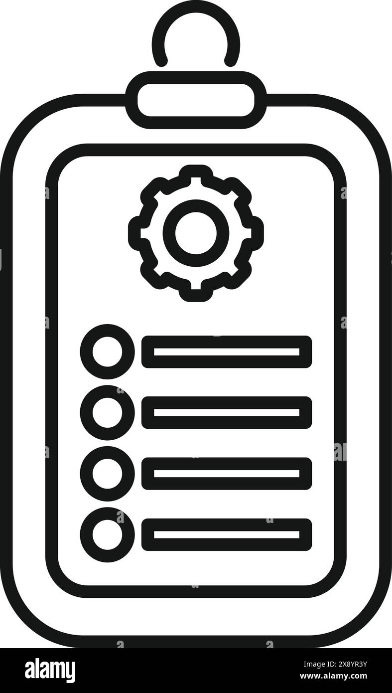 Black and white vector illustration of a clipboard checklist with a gear icon, symbolizing ...