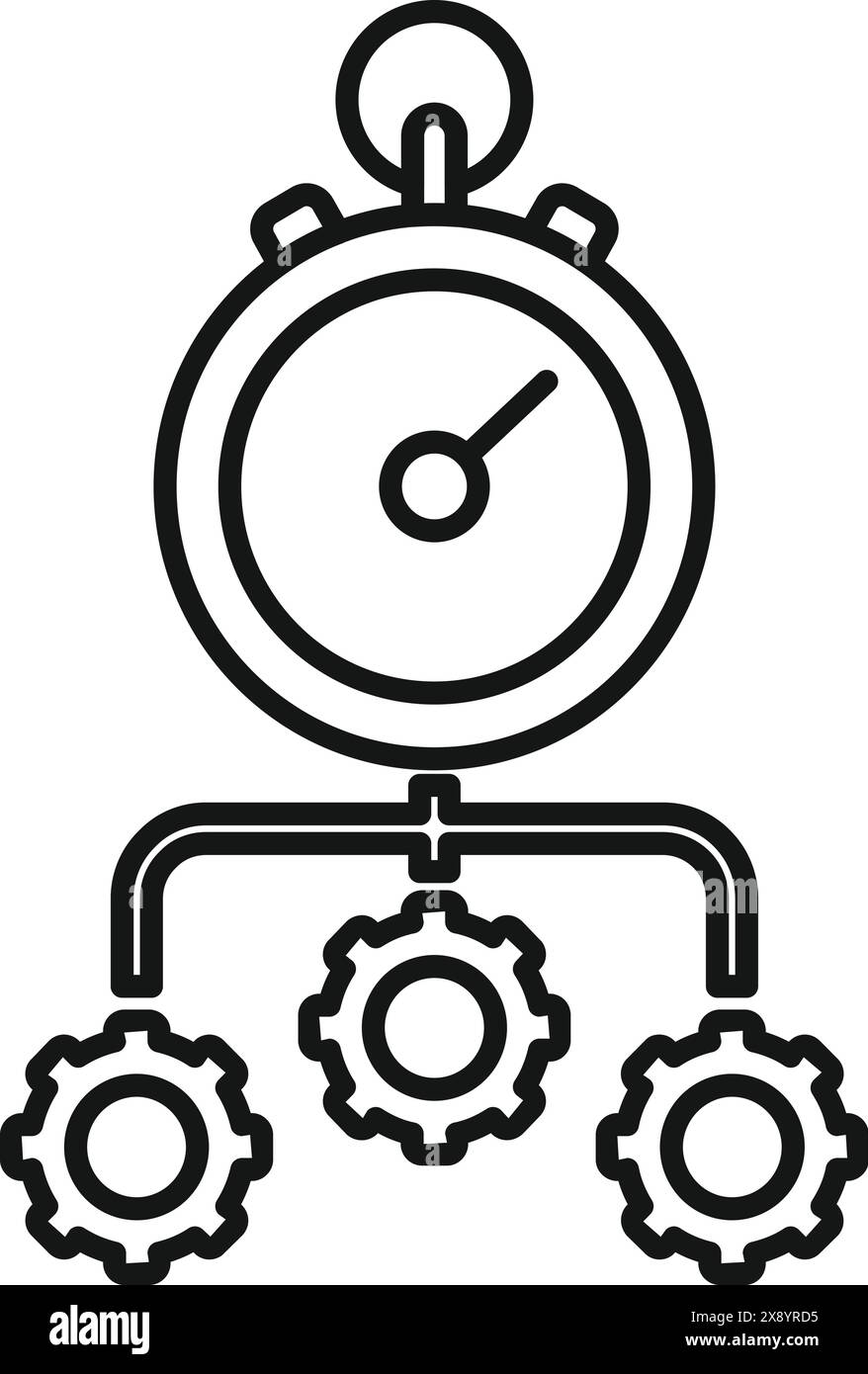 Black and white vector icon representing time management with a stopwatch connected to gears ...