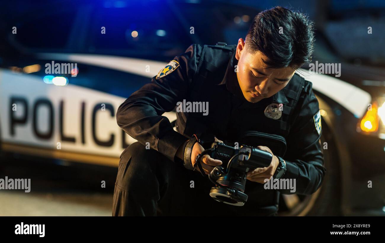 Policeman Checking Camera after Taking Forensic Photos of Evidence ...
