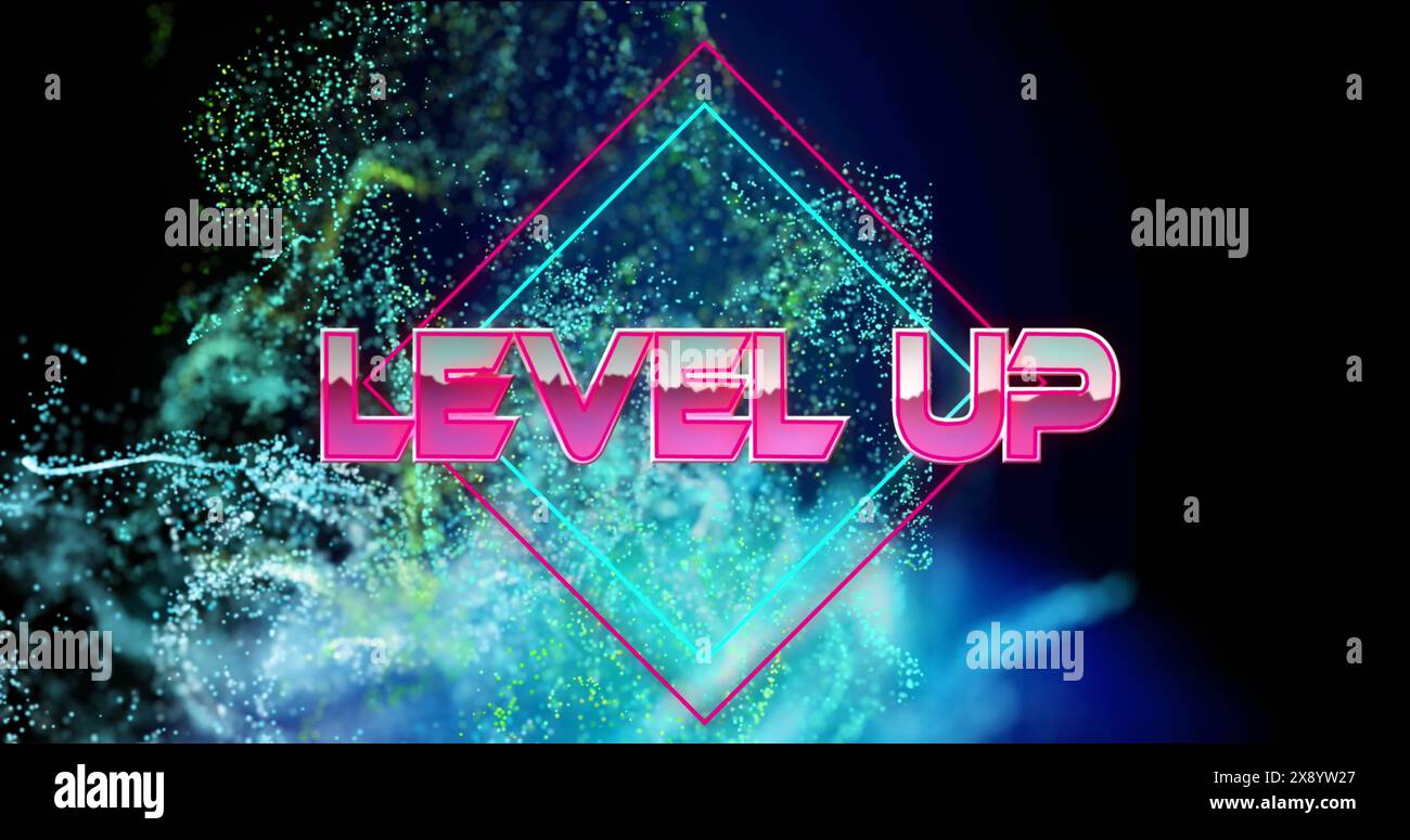 Image of level up text banner over glowing blue and green digital wave ...