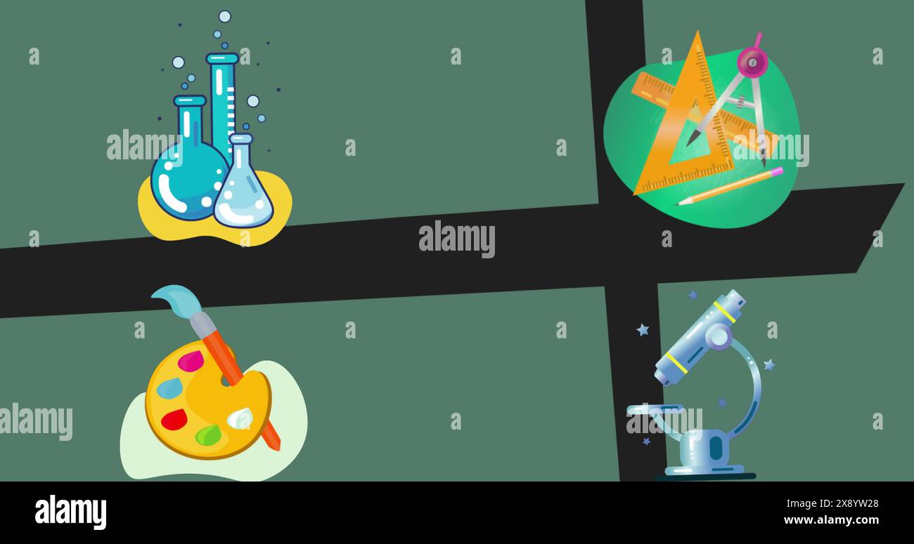 Image of multiple school concept icons against cross stripes on green ...