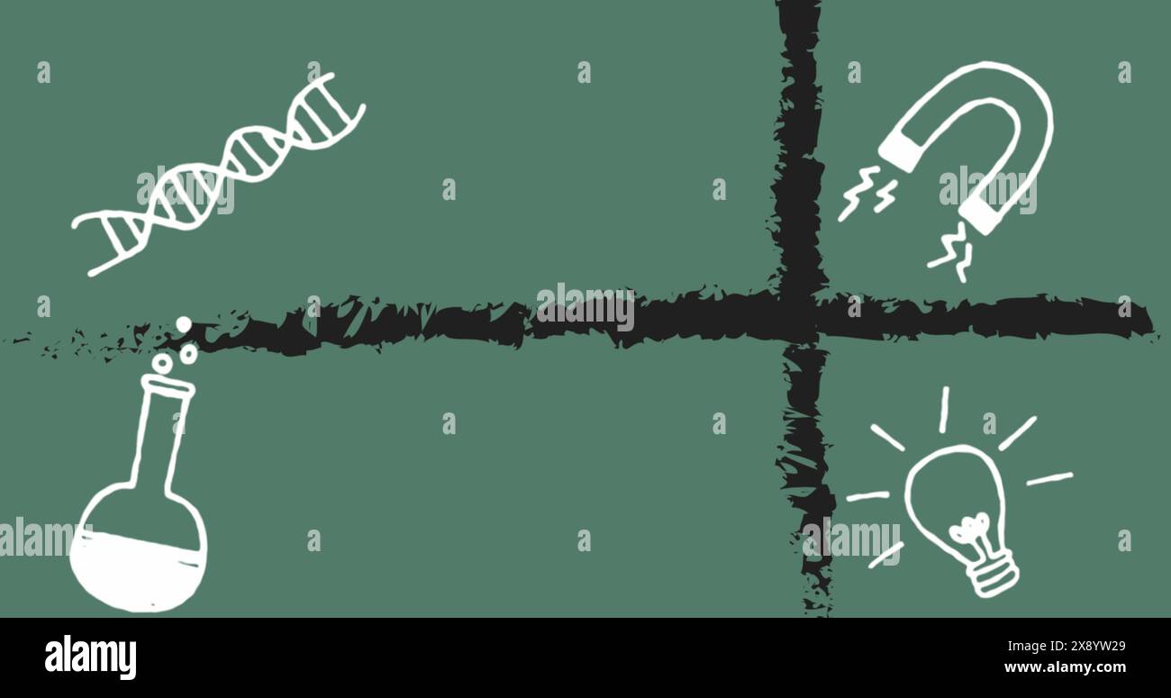 A white dna strand and various chemistry icons moving on a green ...