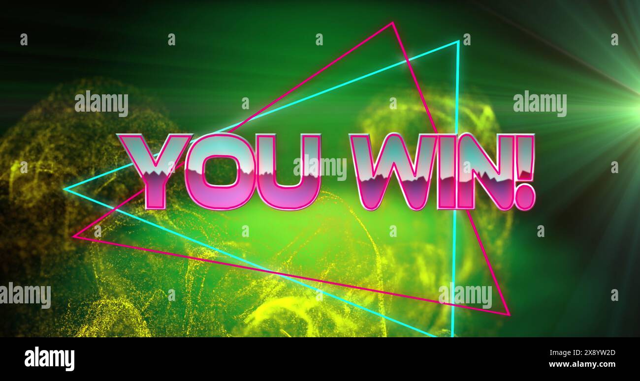Image of you win text banner over golden digital wave and light spot ...