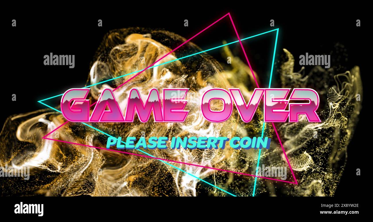 Image of game over text banner over golden digital wave against black ...