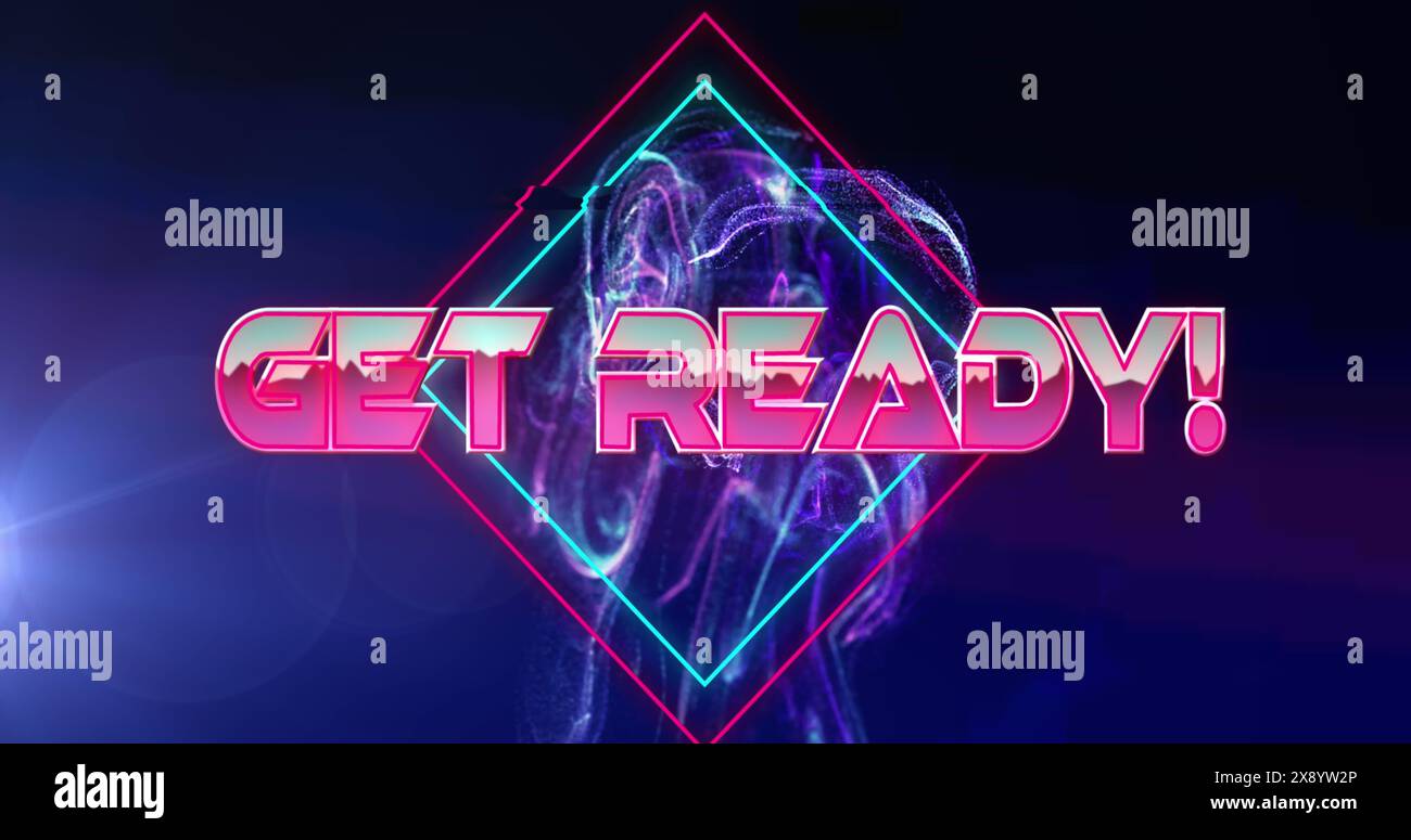 Image of get ready text banner over blue digital wave and light spot ...