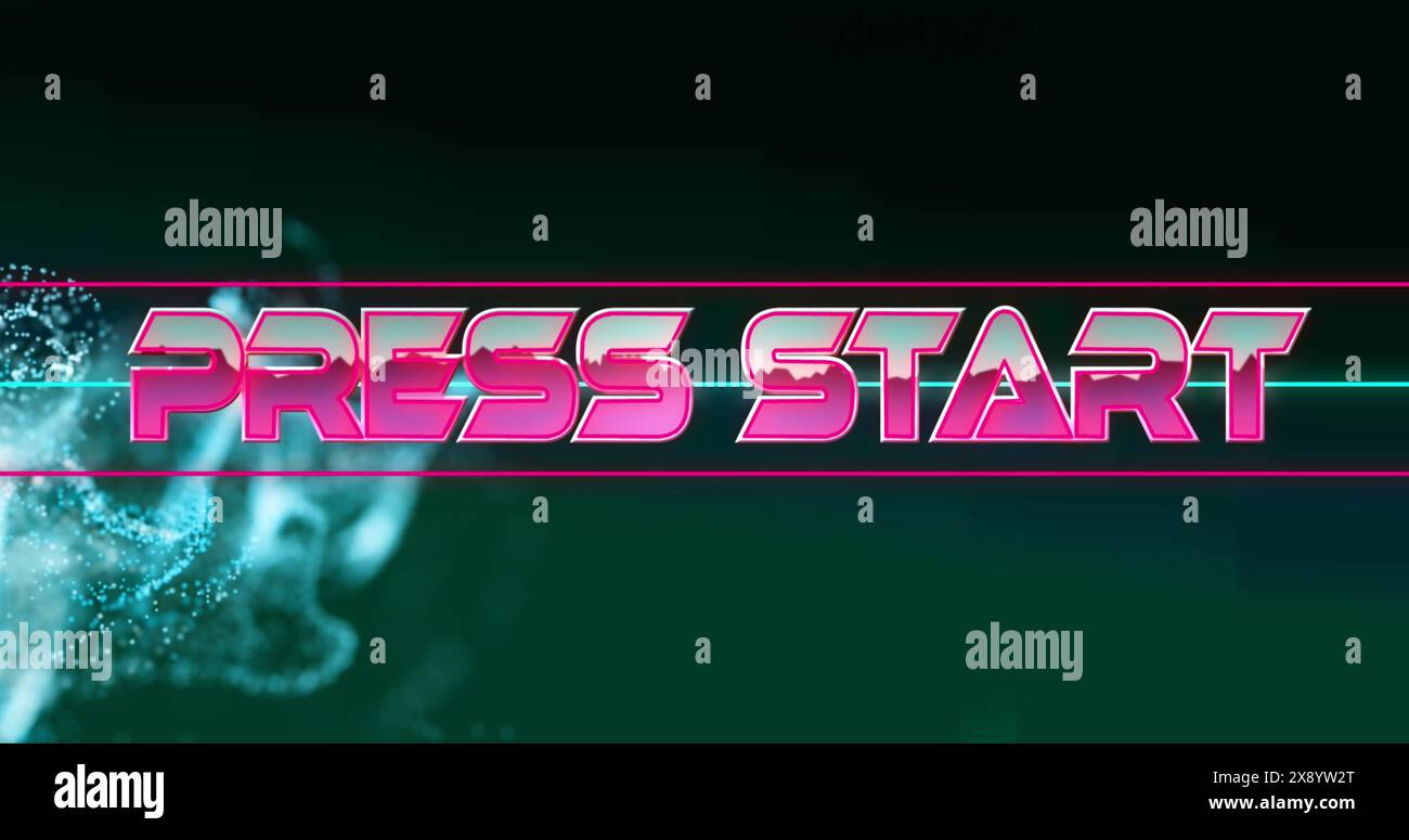 Image of press start text banner over glowing blue digital wave against ...