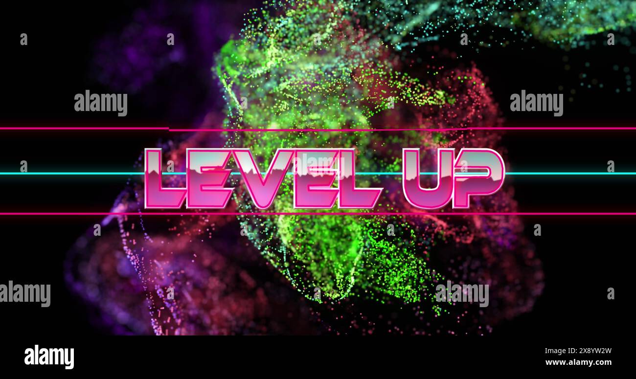 Image of level up text banner over glowing purple and green digital ...