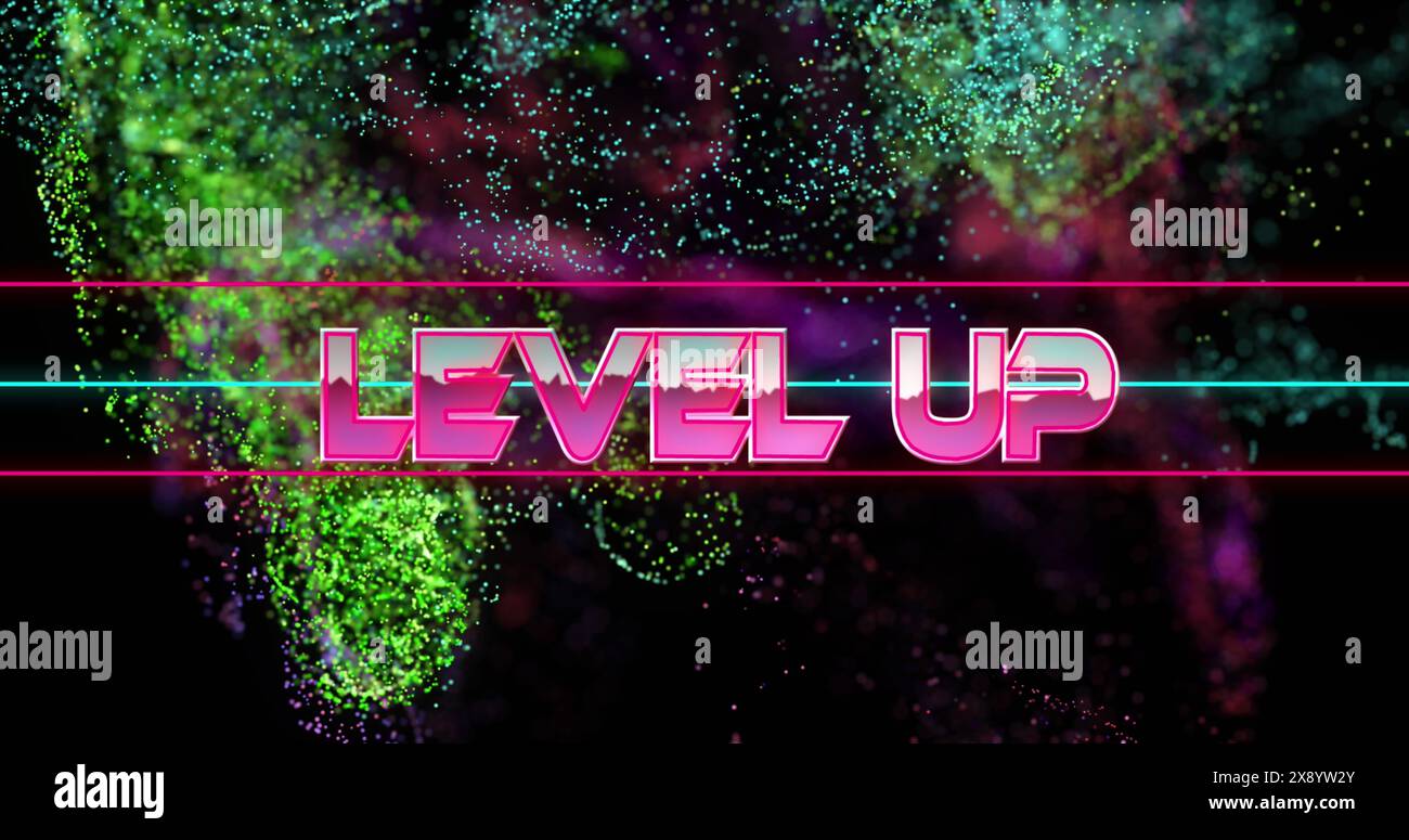 Image of level up text banner over glowing purple and green digital ...