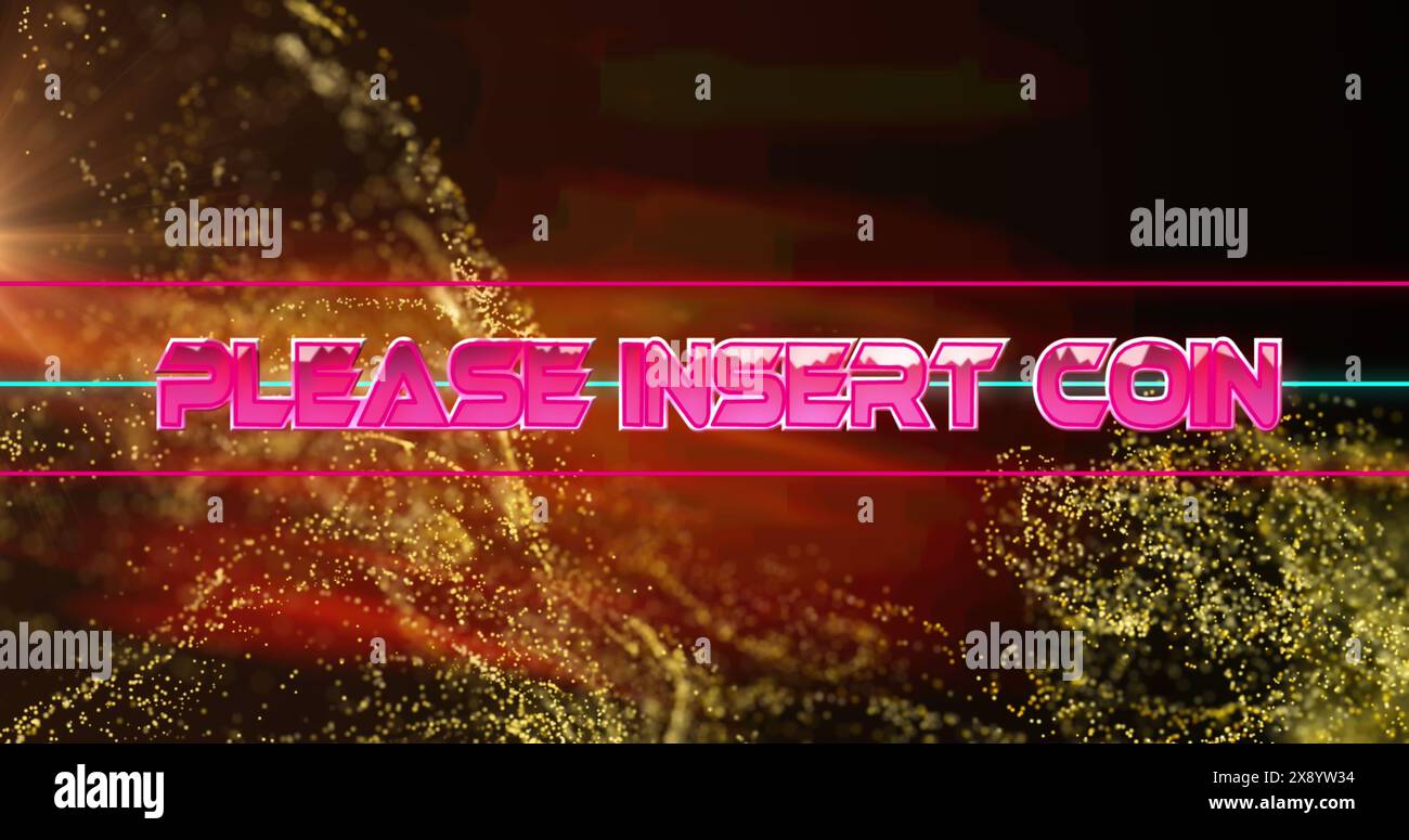Image of please insert coin text and neon lines over glowing background ...