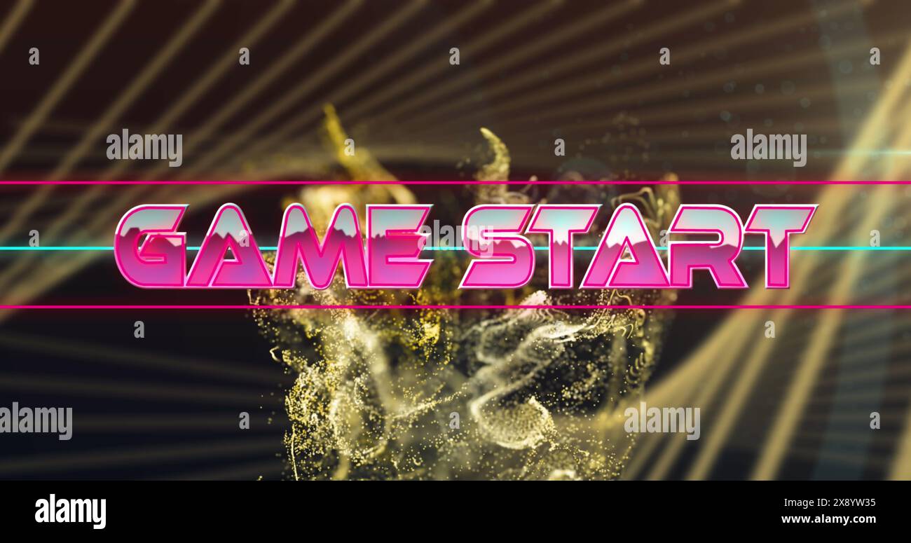 Image of game start text banner over golden digital wave against black ...