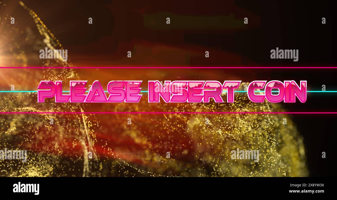 Image of please insert coin text and neon lines over glowing background ...