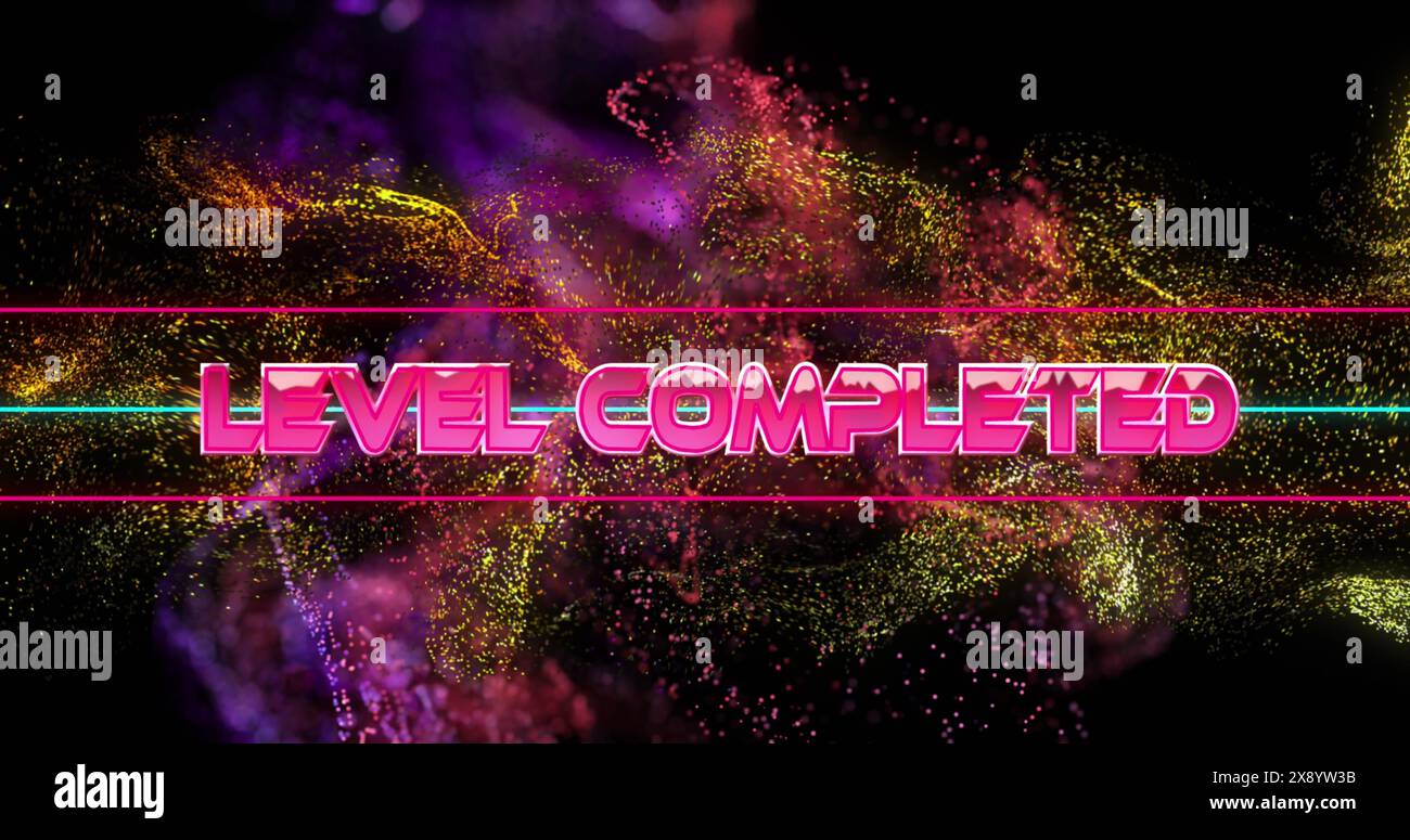 Image of level completed text banner over golden and purple digital ...
