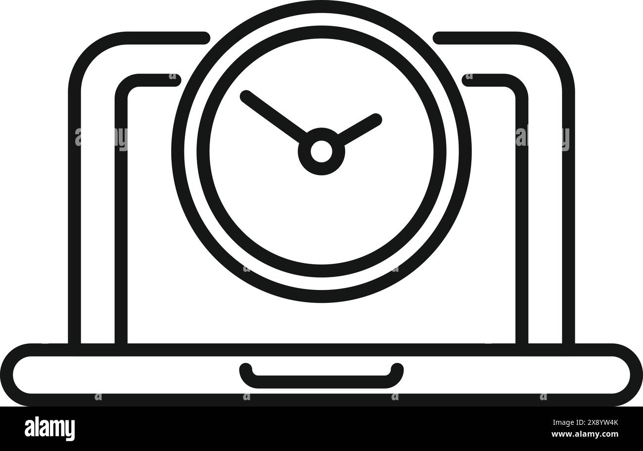 Minimalistic line icon depicting a laptop with a central clock ...