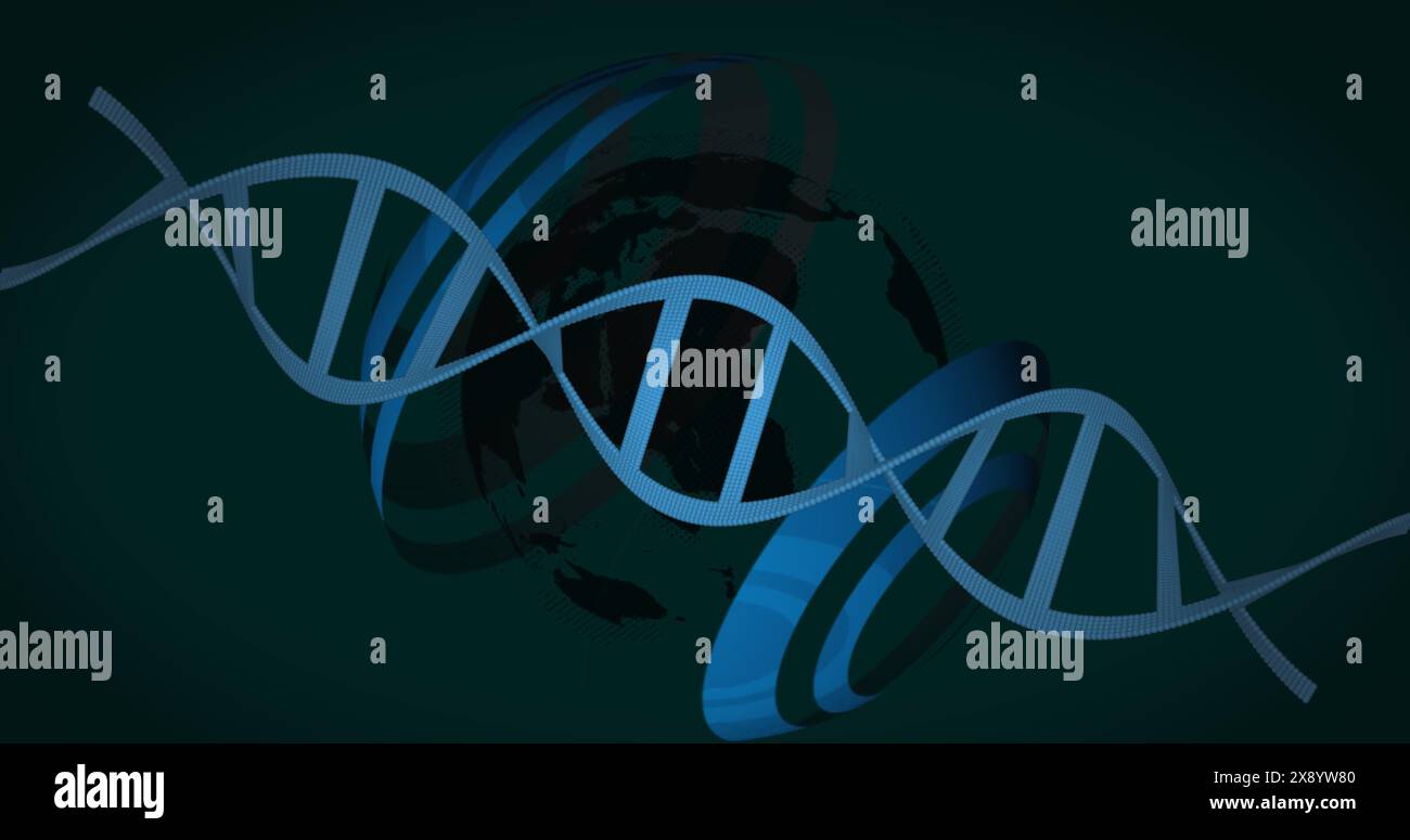 Image of spinning dna structure and globe against green background ...