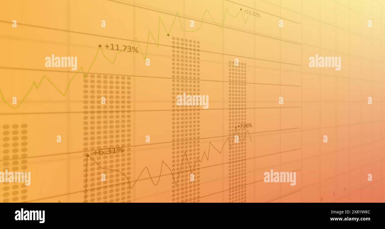 Image Of Statistical Data Processing Over Grid Network Against Orange Gradient Background Stock