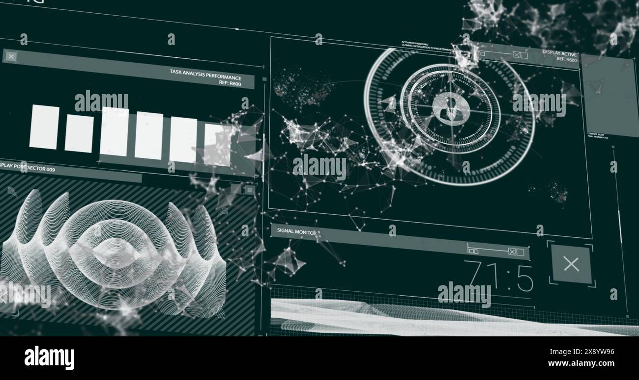 Image of interface with data processing over spinning dna structure ...