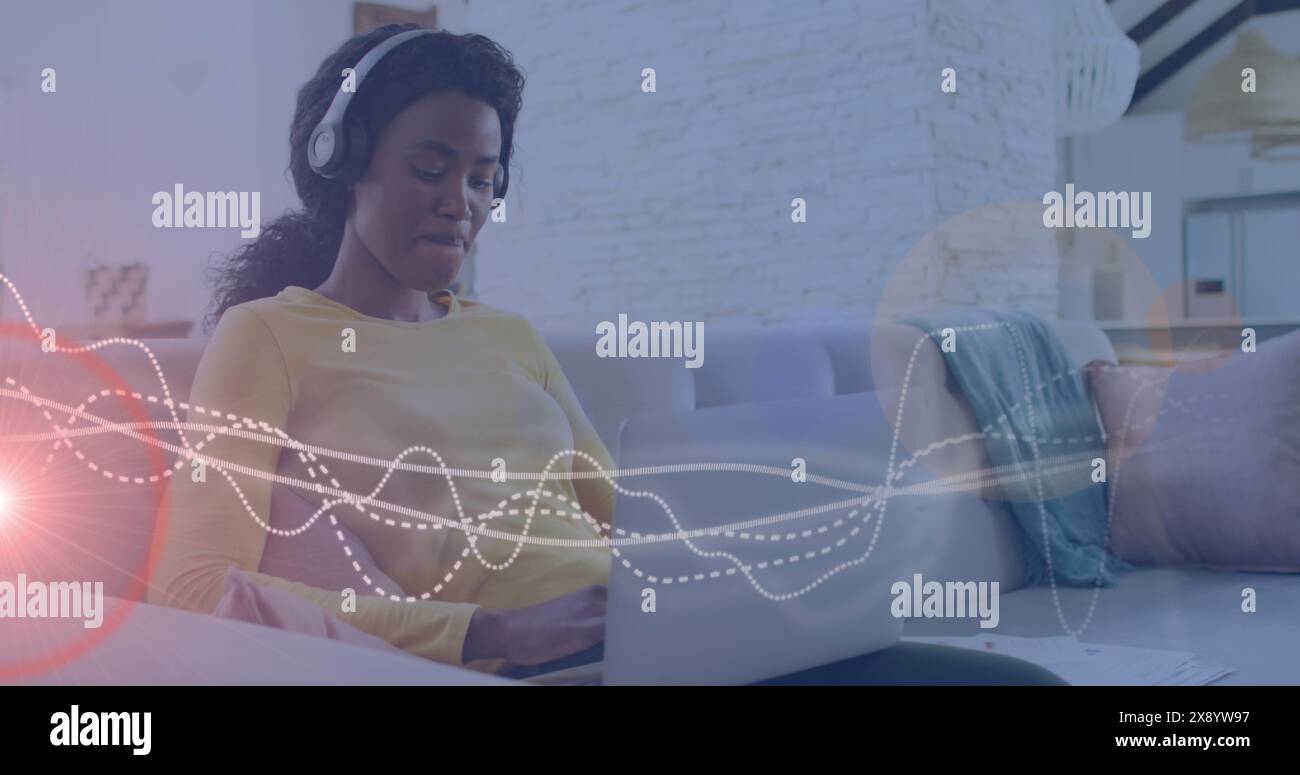 Image of music data processing over african american woman with ...