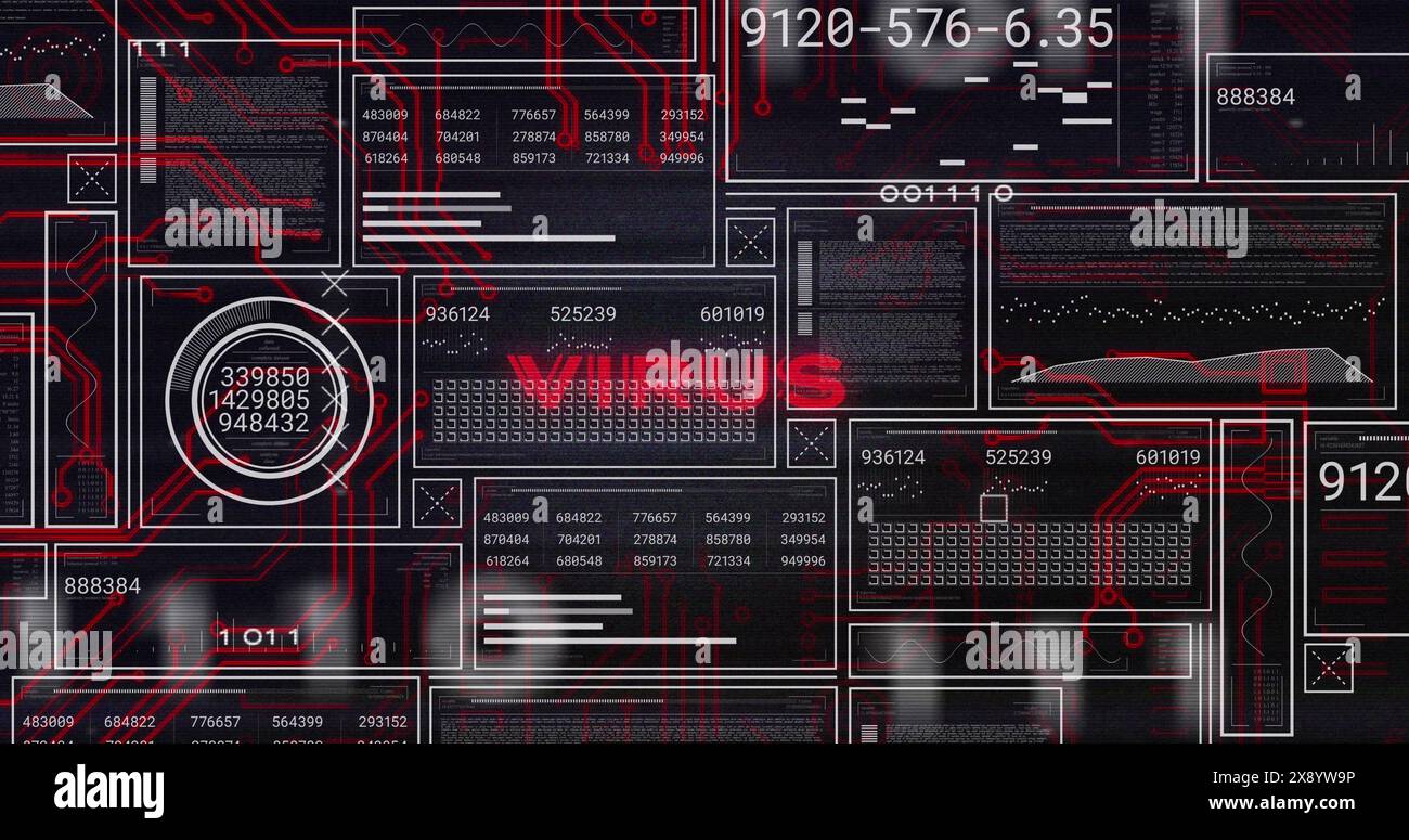 Image of virus text, graphs, loading bars, circles with changing numbers over black background ...