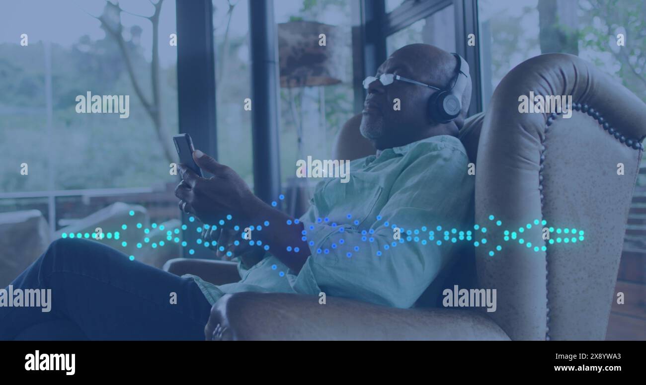 Image of music data processing over african american man with ...