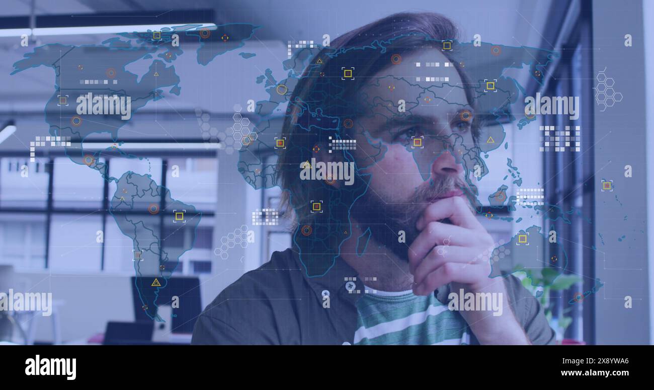 Image of world map against thoughtful caucasian man looking out of the ...