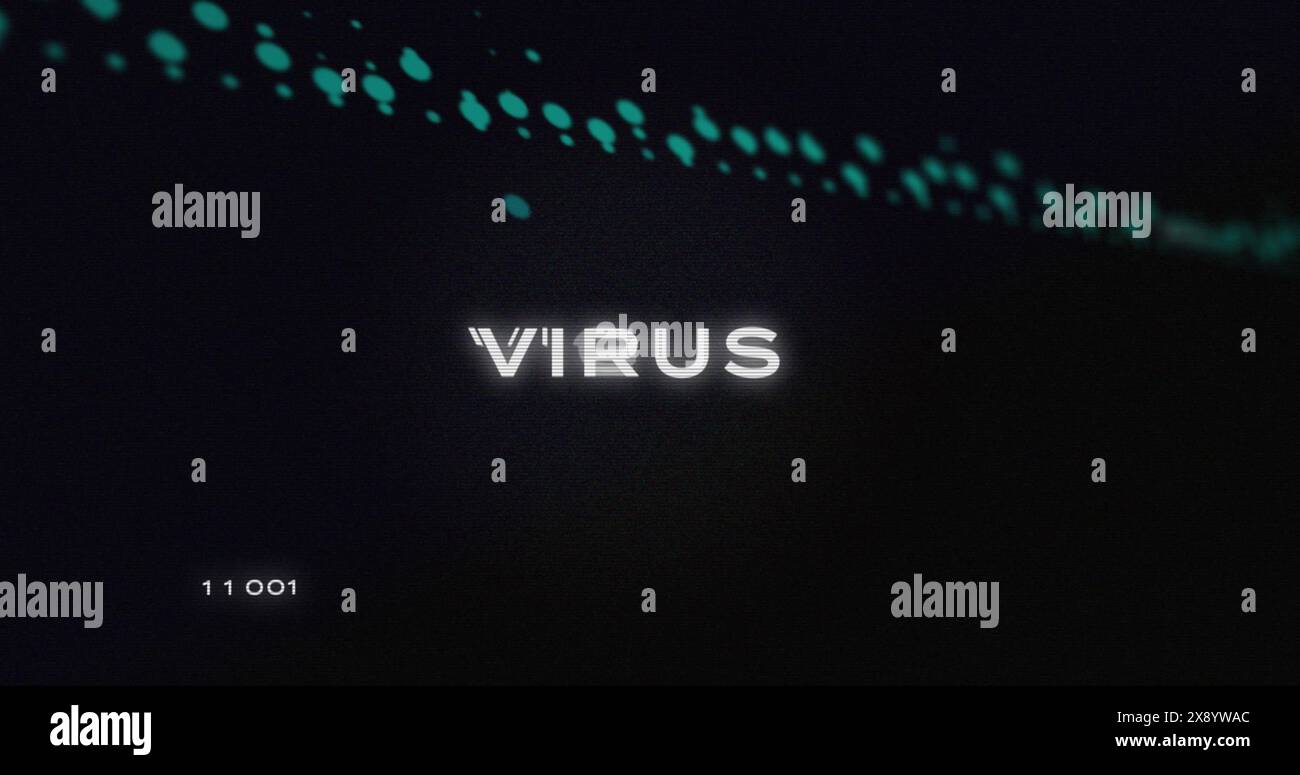 Image of virus text, binary codes over circuit board pattern against graphs on black background ...
