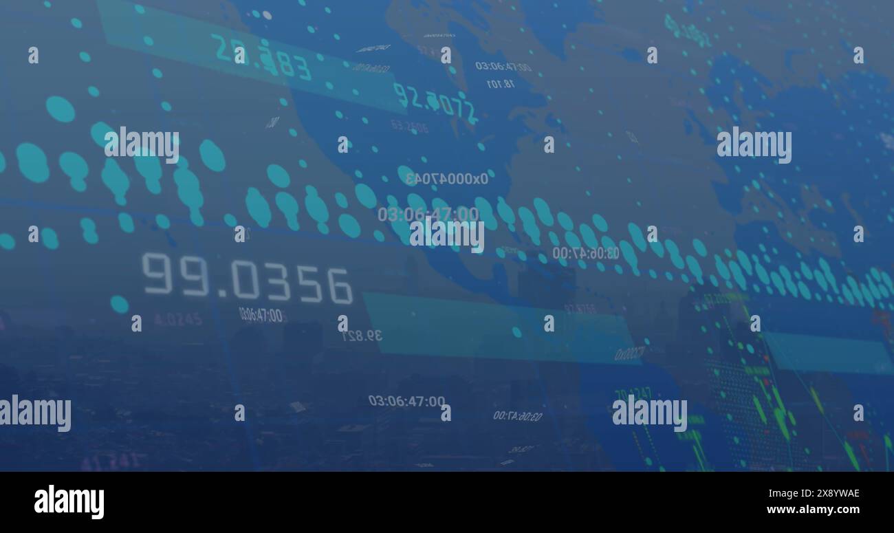 Image of graphs with changing numbers, computer language, aerial view of modern cityscape Stock ...