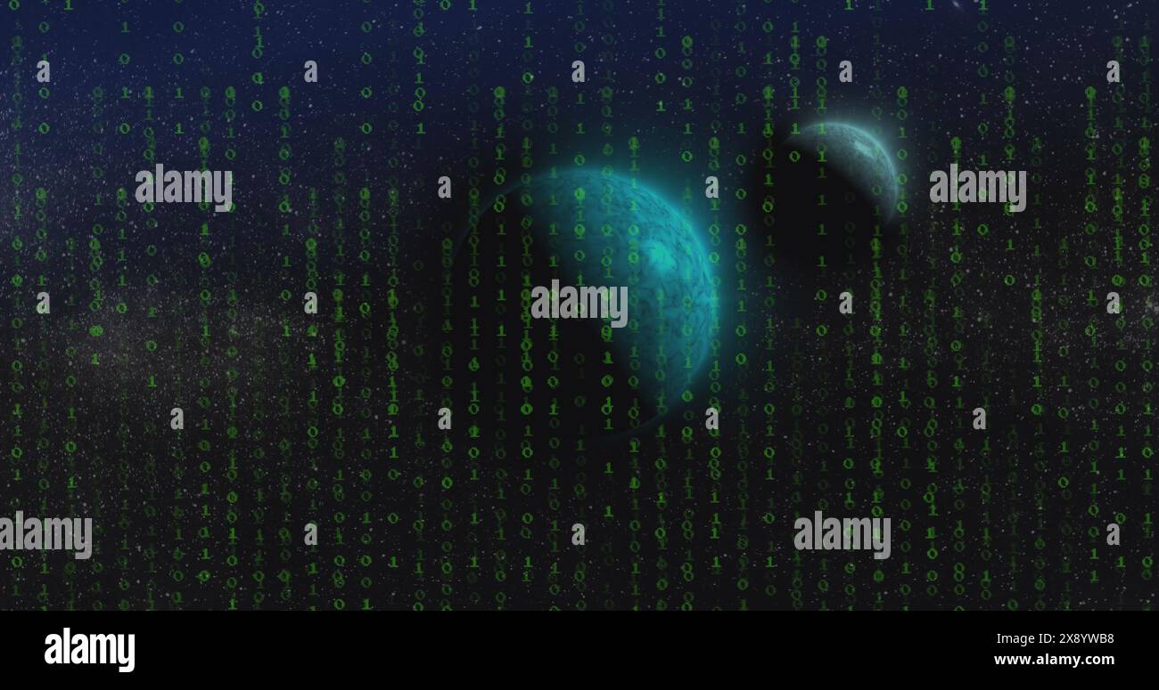 Image of data processing binary coding over globes Stock Photo - Alamy