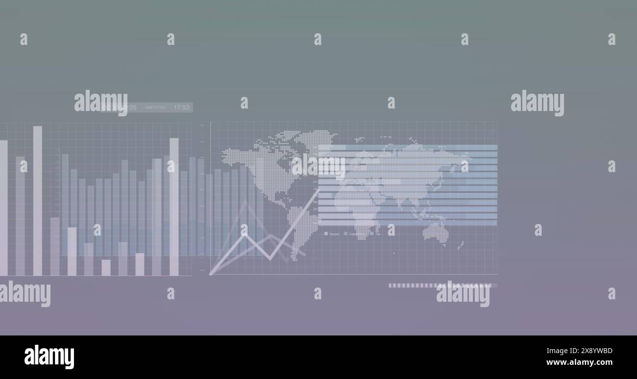 Image of multiple graphs, map and changing numbers against gray background Stock Photo - Alamy