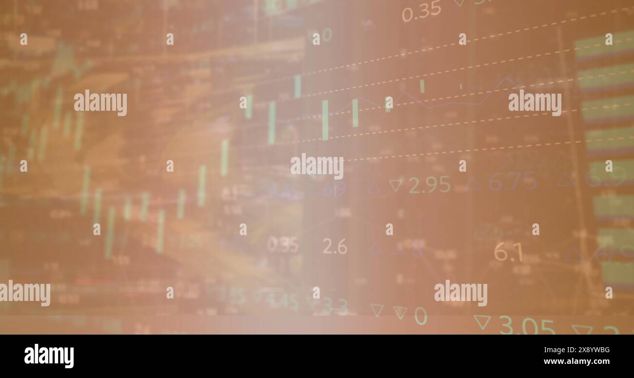 Image of multiple graphs, loading circles and trading board against abstract background Stock ...
