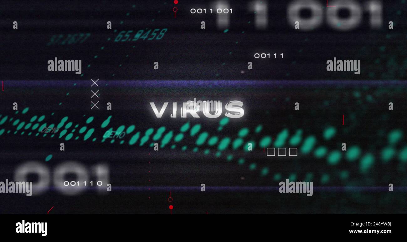 Image of virus text, binary codes over circuit board pattern against graphs on black background ...