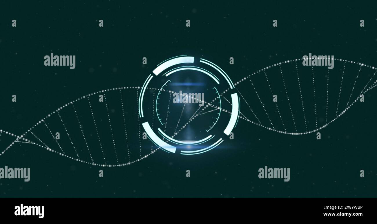 Image of round scanner over spinning dna structure against black ...