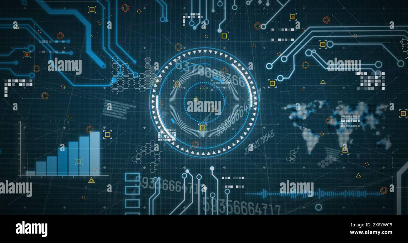 Image of circles over graph, map and circuit board pattern against abstract background Stock ...
