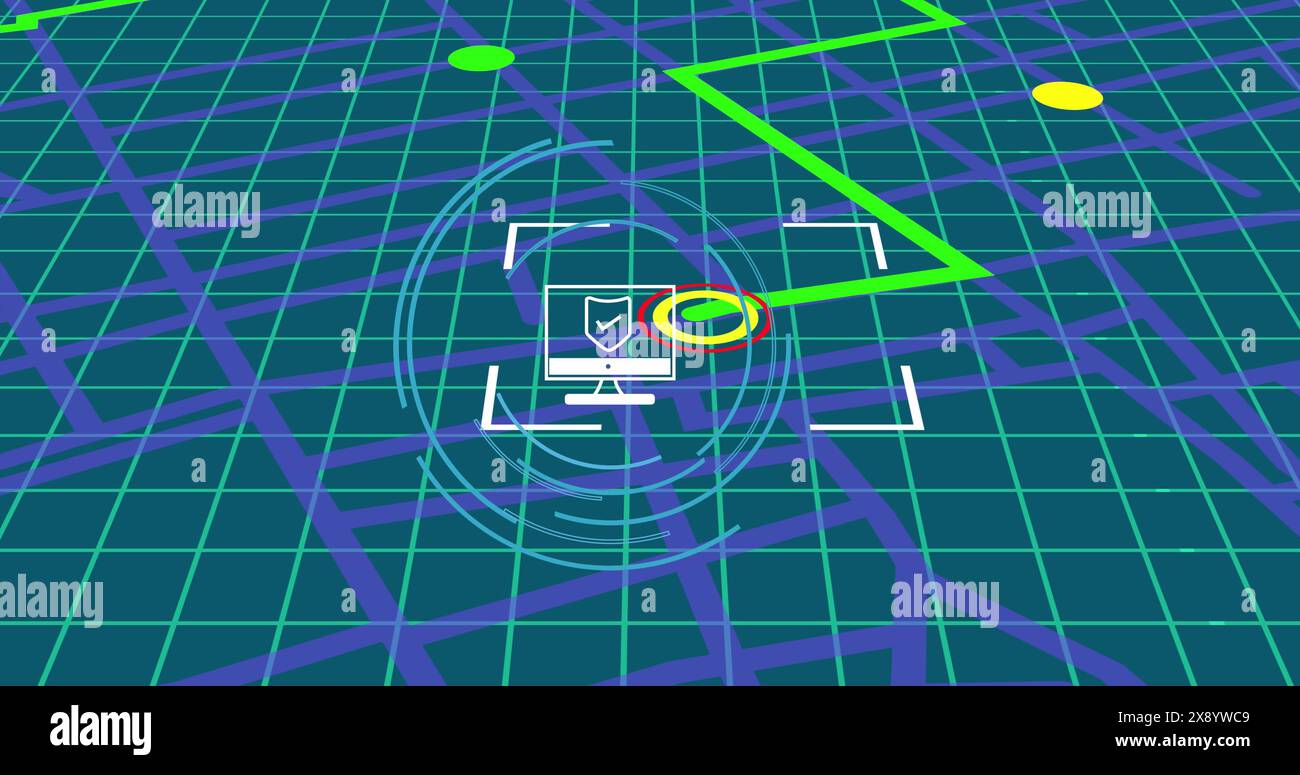 Digital map interface displaying computer icon with security symbols ...