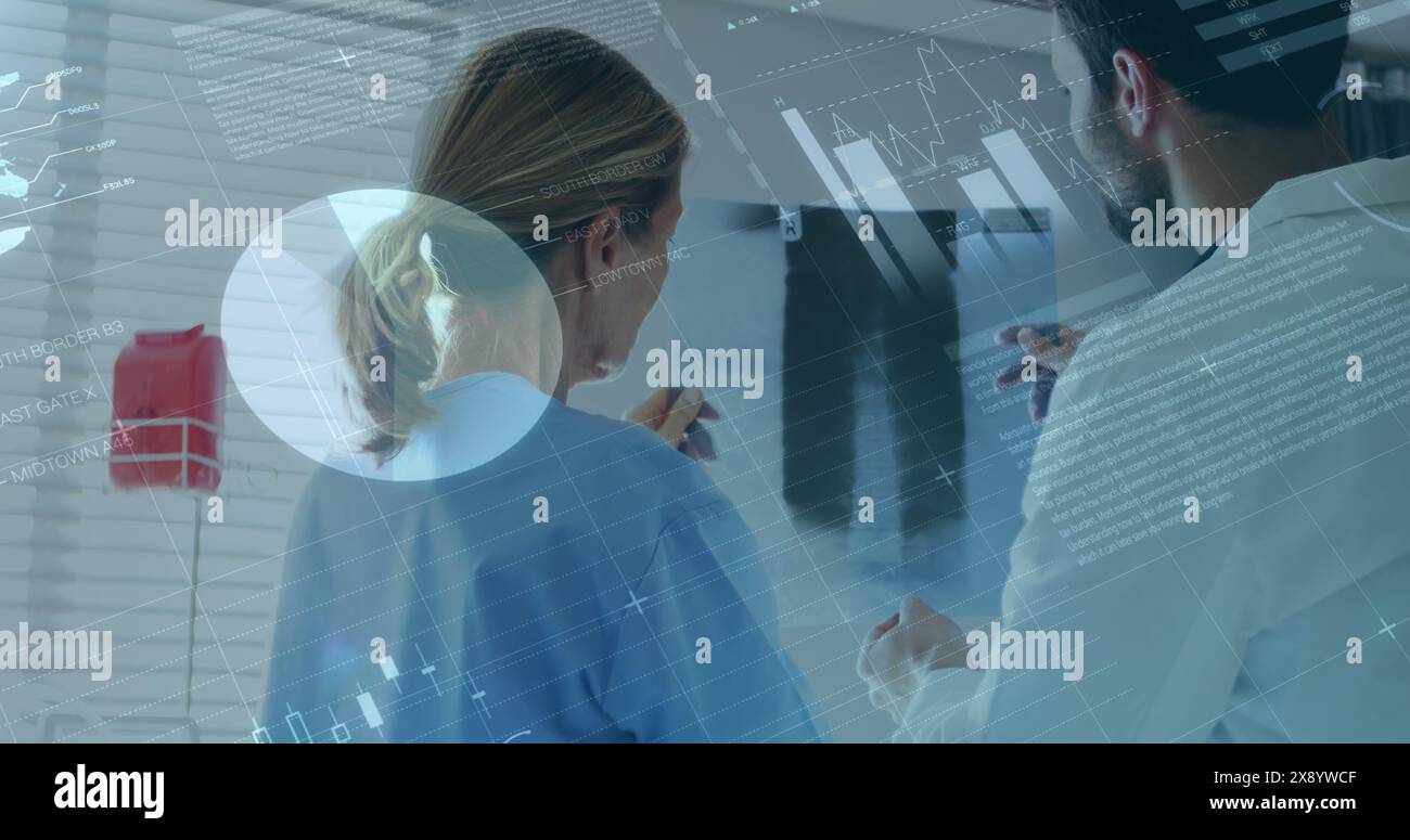 Image of infographic interface over diverse doctors analyzing x-ray ...